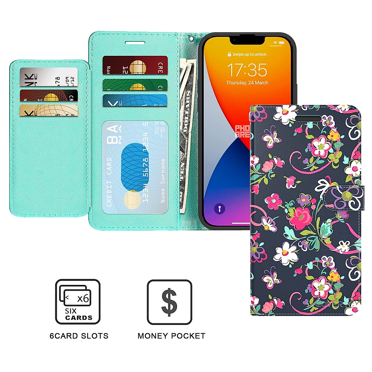 CoverON Pouch Compitable with iPhone 14 Wallet Case for Women, RFID Blocking Flip Folio Stand Vegan Leather Floral Cover Sleeve Card Slot for Apple iPhone 14 6.1 Phone Case - Flower