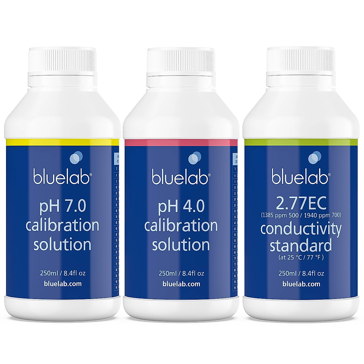 BlueLab 2.77EC Conductivity Solution, PH 7.0, and PH 4.0 Calibration Solution Set 250 Milliliters