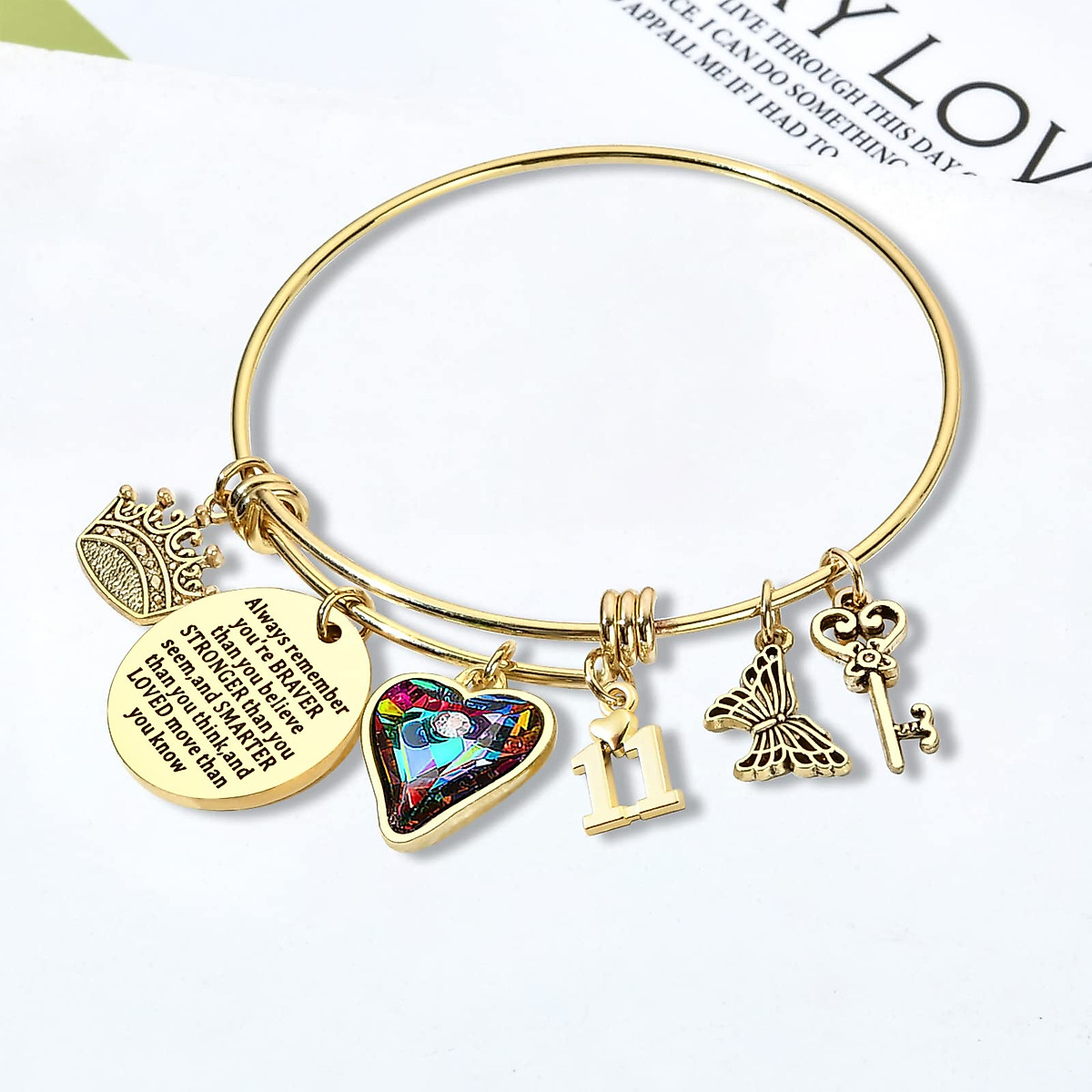 Miss Pink 11 Year Old Girl Bracelet Gift Ideas Girls Birthday Christmas Jewelry Presents 14k Gold Tone 11th Birthday Charm Bangle Bracelets Things Stuff for 11+ Daughter Granddaughter