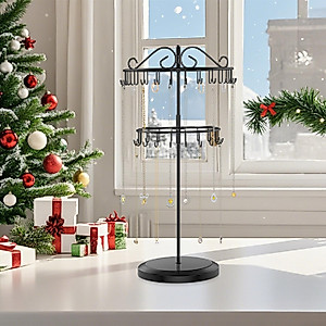 iDavosic.ly 2 Tier Rotating Necklace Organizer, Adjustable Metal Necklace Holder with 42 Hooks, Extra Tall Bracelet Keychain Spinning Display Stand Tree Tower for Women Girl, Black