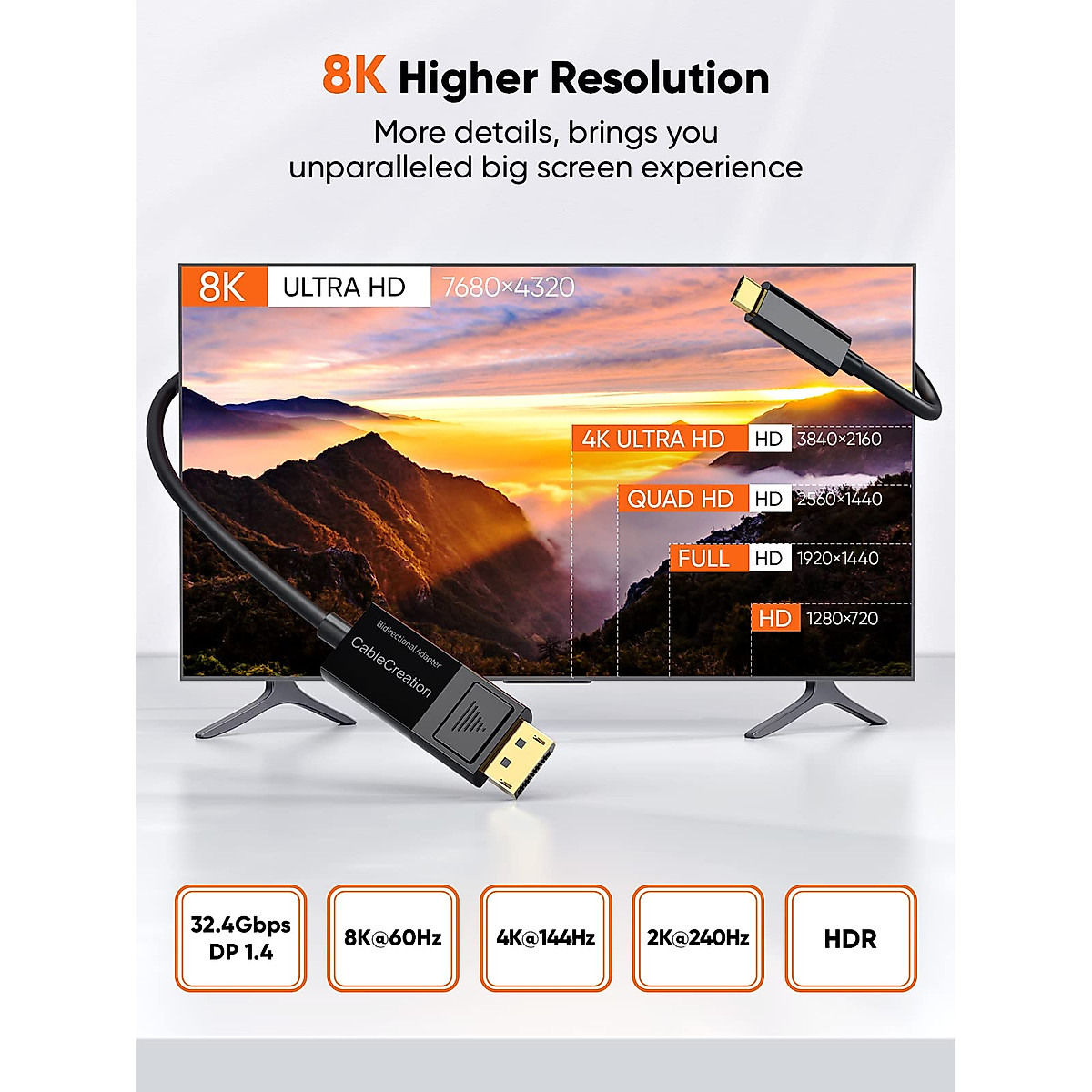 CableCreation 8K USB C to DisplayPort Cable 6FT [HDR, 8K@60Hz, 4K@144Hz, 2K@240Hz] Type C Cable to DP 1.4 Compatible with Thunderbolt 3/4, iPhone 16 15 Pro Max Plus MacBook Pro/Air iPad XPS Galaxy S24