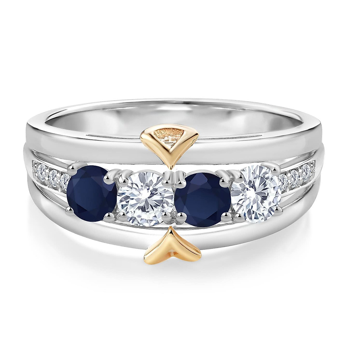 Gem Stone King 925 Silver and 10K Yellow Gold Blue Sapphire White Moissanite and Lab Grown Diamond Ring For Women (1.21 Cttw, Available In Size 5, 6, 7, 8, 9)