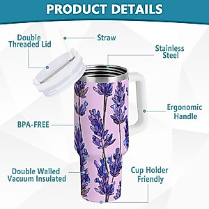 linqin Purple Lavenders Vacuum Insulated Tumbler with Lid and Straw 30 oz Large Water Bottle Reusable Mug with Handle for Water, Iced Tea or Coffee