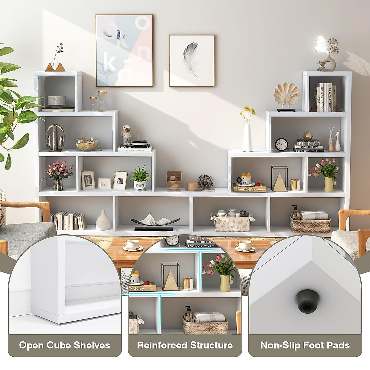 SILKYDRY 4 Tier Bookshelf, L Shaped Ladder Corner Bookshelf, 6 Cubes Stepped Etagere Bookcase, 10 Shelves Storage Display Rack for Living Room Home Office Hallway (White)