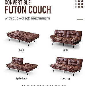 IULULU Futon Sofa Bed Faux Leather Couch with Adjustable Armrests, Modern Industrial Sleeper Daybed for Small Spaces, Living Room, Compact Apartment, Office, House, Condo, Loft, Bungalow, Brown