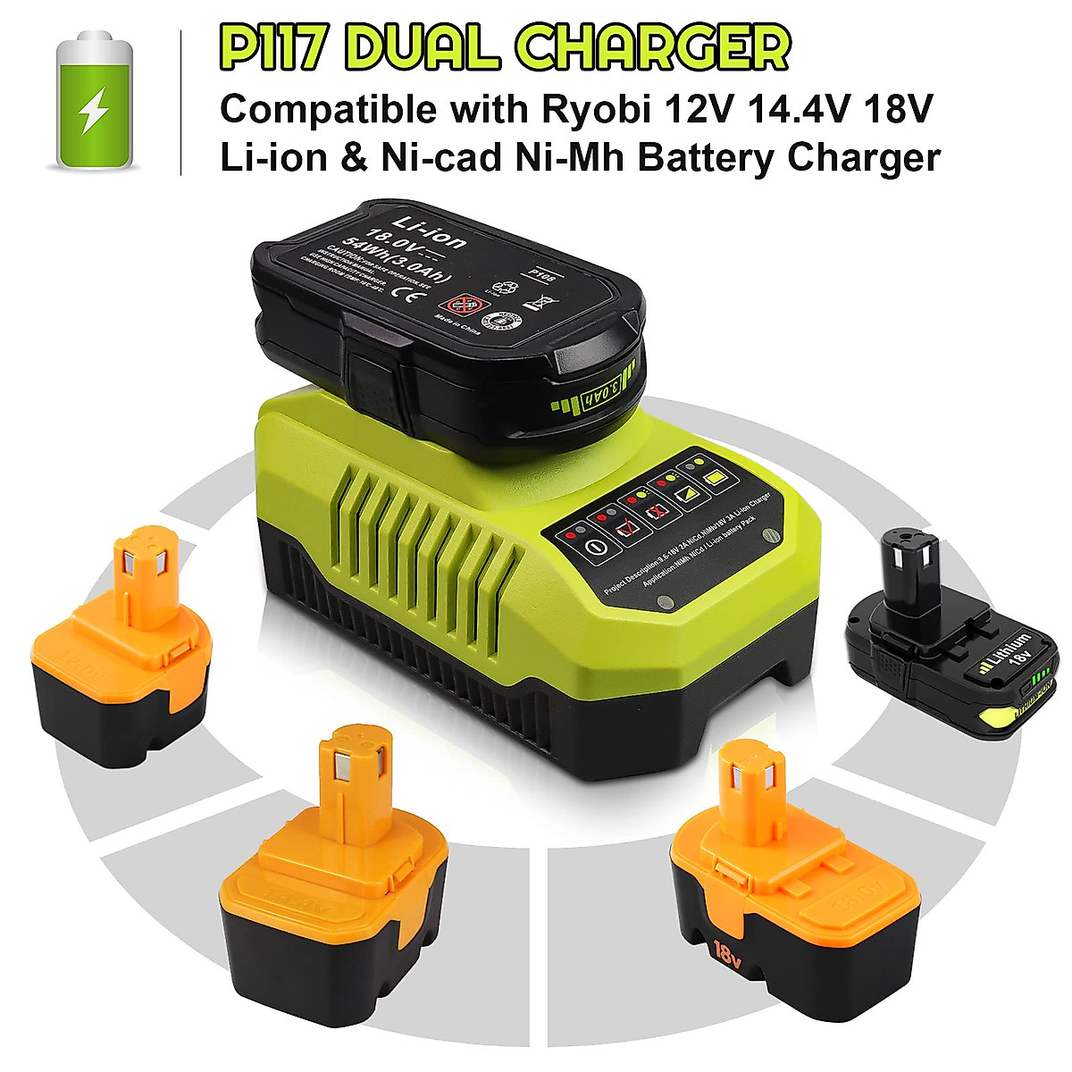 2-Pack 3.0Ah Replacement for Ryobi 18V Battery and Charger Compatible with Ryobi 18V Lithium Battery P102 P103 P104 P105 P107 P109 P108 P190 P122