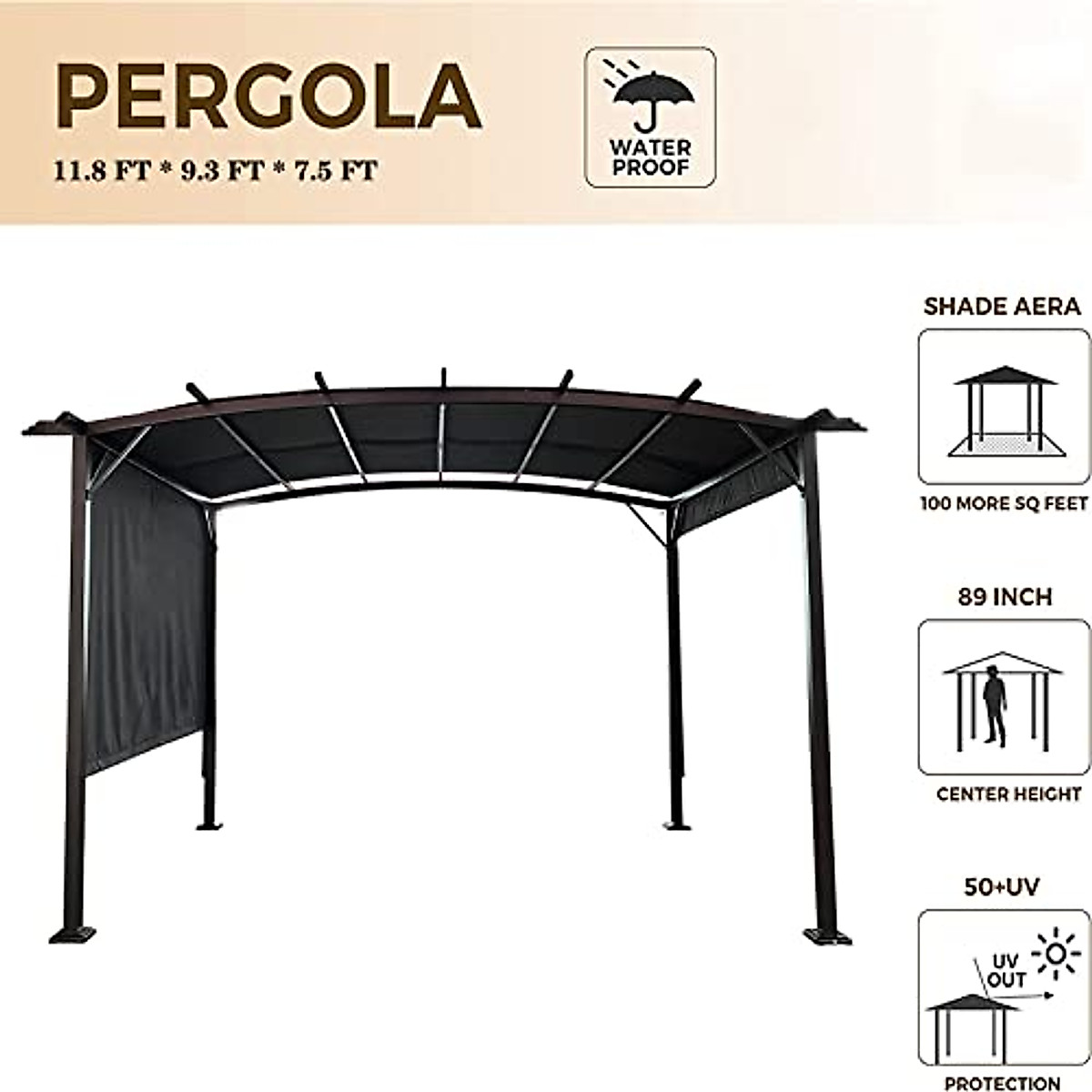 12 X 9 FT Gazebo Outdoor Waterproof Outdoor Grape Shade Canopy Tent with Retractable Shade Canopy, Sturdy Retractable Pergola for Grill, Yard, Commercial