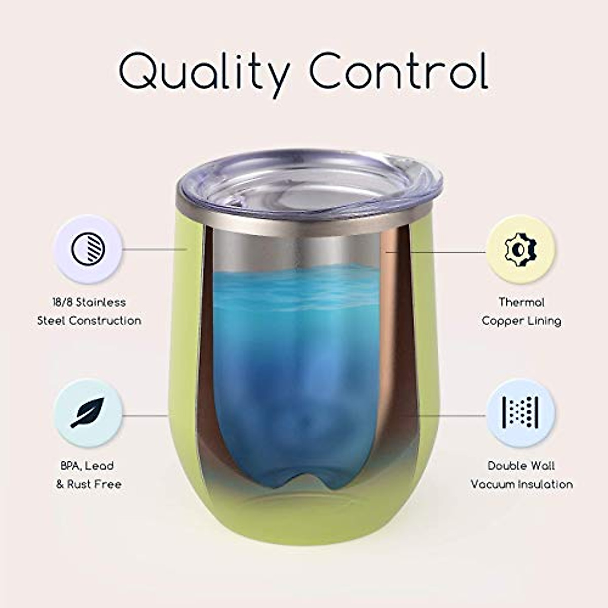 Maars Bev Stainless Steel Stemless Wine Glass Tumbler with Lid, Vacuum Insulated 12 oz Cup | Spill Proof, Travel Friendly, Fun Cocktail Drinkware - Matcha Green