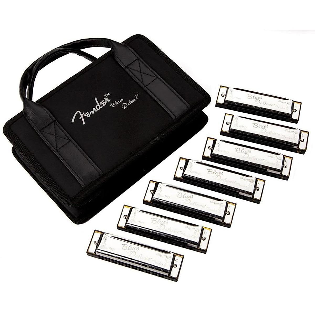 Fender Blues Deluxe Harmonica, Stocking Stuffers, Guitar Accessories, Pack of 7 with case (Keys C, G, A, D, F, E, B Flat)