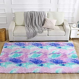 FGCOGOD Fluffy Soft Shag Rug for Bedroom, 3 x 5 Feet Kids Rugs for Bedroom Girls, Shaggy Tie Dyed Purple Blue Carpet for Living Room, Colorful Non-Slip Area Rug, Children Playroom Nursery Rug