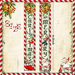 Christmas Porch Sign Decorations | Vintage Christmas Elf Hanging Banner with Santa Claus | Retro Merry Christmas Front Door Decor for Xmas Holiday Party Outdoor Indoor Yard Home