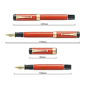 Jinhao Classic Fountain Pen Orange Red Celluloid, Medium Nib with Conveter and Pen Case Set