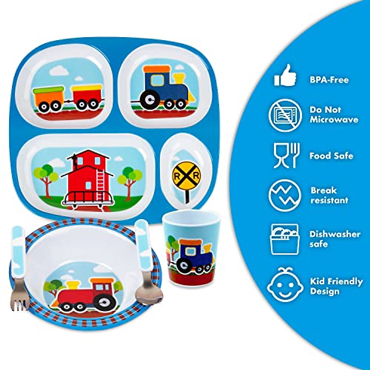 5 Pc Mealtime Set for Kids & Toddlers, Train Theme-Includes Divided Plate, Bowl, Fork & Spoon - Dishwasher Safe, Durable, BPA Free-Cute Compartment Dish to Put Food in 4 Sections for Easy Self-Feeding