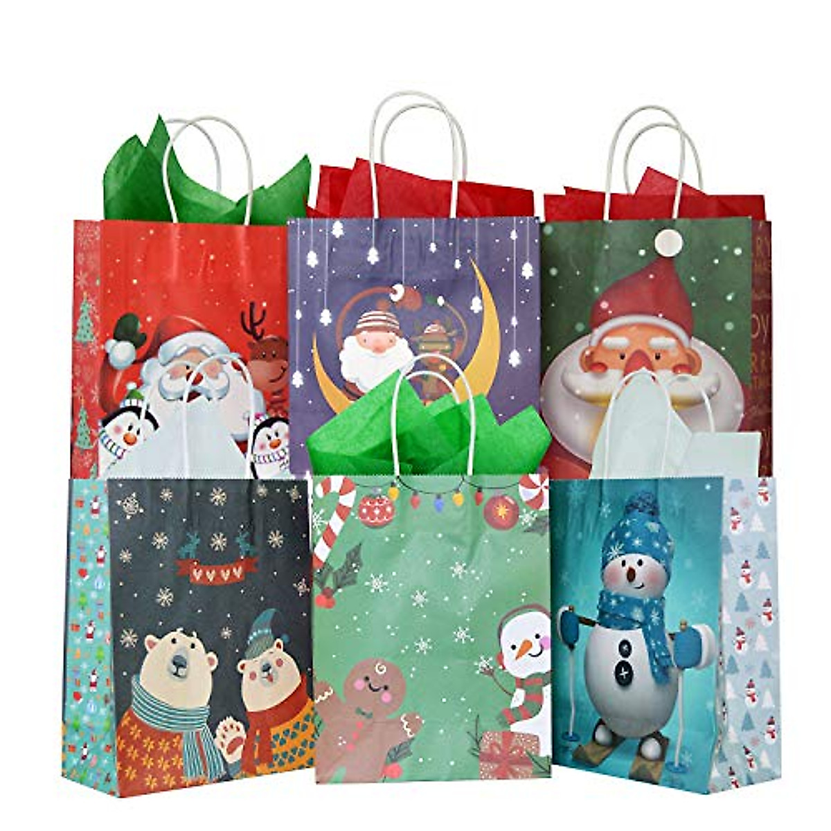 24 pcs Christmas Kraft Gift Bags with 24 Tissue Papers, Holiday Paper Gift Bags,Party Favors Goody Bags, Xmas Presents, Classrooms and Wrapping Stocking Stuffers (Merry Christmas A)