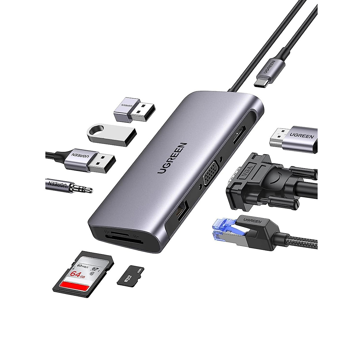 UGREEN USB C Hub, 10-in-1 USB-C Docking Station, 4K HDMI& VGA Dual Monitor, 1Gbps Ethernet, 100W PD, 3 3.0 Ports, 3.5mm Audio Jack, SD/TF Card Reader Multiport Adapter for MacBook iPad Dell HP