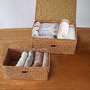 Sobotoo Wicker Storage Basket with Lid, Natural Hand-woven Rattan Storage Box, Rectangular Household Organizer Boxes Shelf Wardrobe Organizer (L+XXL)