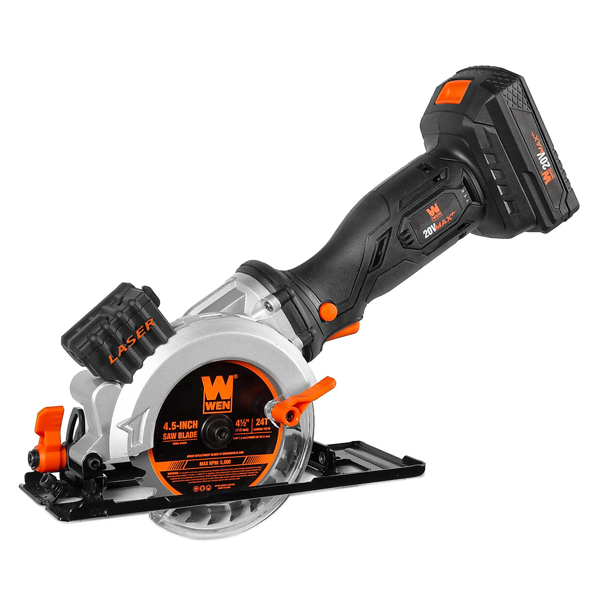 WEN 20V Max 4-1/2-Inch Cordless Mini Circular Saw with 2.0Ah Battery and Charger (20604)