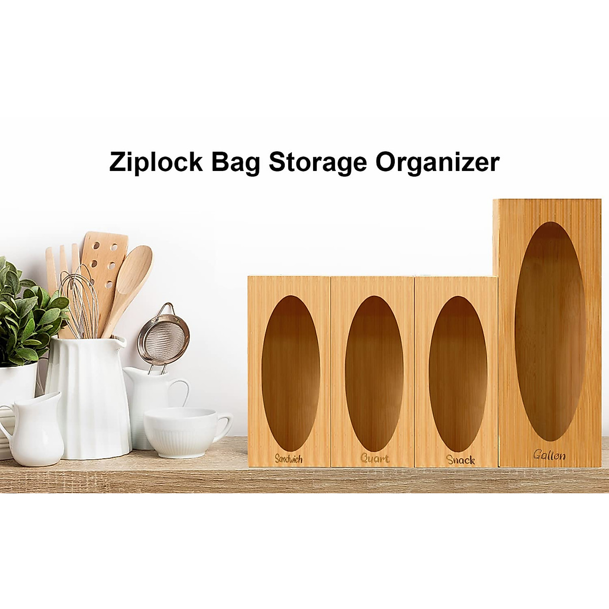 BPFY Bamboo Ziplock Bag Storage Organizer, Bamboo Zip Lock Bags Container for Kitchen Drawer, Food Storage Bag Holder Compatible with Gallon, Quart, Sandwich and Snack Variety Size Bags