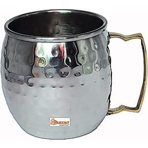 PARIJAT HANDICRAFT Set of 4 Stainless Steel Moscow Mule Mugs(Brass-Handle)