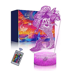 Nice Dream Mermaid Night Light for Kids, 3D Night Lamp, 16 Colors Changing with Remote Control, Room Decor, Gifts for Children Girls Boys
