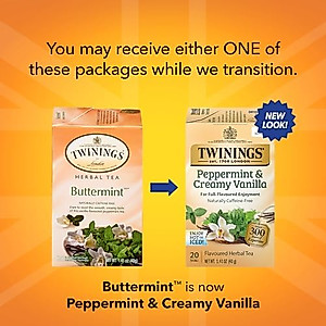 Twinings Peppermint & Creamy Vanilla Herbal Tea Individually Wrapped Bags, 20 Count (Pack of 6), Formerly Buttermint, Naturally Caffeine-Free, Enjoy Hot or Iced | Packaging May Vary