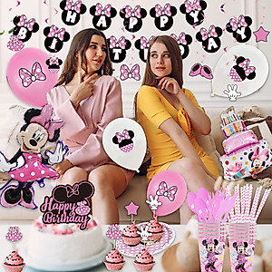 206 Pcs Birthday Party Supplies Serves 20 Guests, Party Decorations with Mouse Banner, Cake Topper, Spoons, Fork, Knife, Napkins, Tablewear,Tablecover and Hanging Swirls