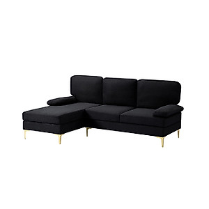 POCIYIHOME 79.5" Left Hand Facing Sectional Sofa Couch with 2 Detachable Armrest Pillows, Modern Fabric 3-seater L Shape Chaise with Gold Metal Legs for Living Room,Apartment,Office, Polyester, Black