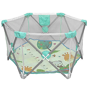 HTTMT- Hexagon Safety Playpen Portable Foldable Mesh Playard Infants Baby Toodler Animals Fence w/Travel Bag Nursery Furniture for Indoor Outdoor - Tif Blue