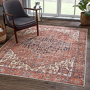 Bloom Rugs Washable 4x6 Rug - Red/Orange/Beige Traditional, Distressed Area Rug for Living Room, Bedroom, Dining Room and Kitchen - Exact Size: 4' x 6'