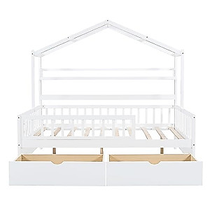 CKLMMC Full Size House Bed with 2 Drawers and 2 Shelves,Wooden Daybed Frame with Roof,Bedroom Furniture for Kids, Teens, Girls & Boys, Can Be Decorated (White/House-F)