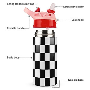 White Black Checkered Water Bottle Stainless Steel Water Cup Coffee Mug with Straw for Home Sports Travel Pink-Style