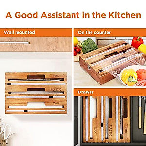 Foil and Plastic Wrap Organizer Acacia Wood 3 in 1 wrap Dispenser with Cutter Aluminum Foil Wax Paper Kitchen Drawer Organizer with Cutter