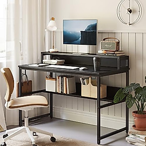 Cubiker Computer Home Office Desk, 47" Small Desk Table with Storage Shelf and Bookshelf, Study Writing Table Modern Simple Style Space Saving Design, Black
