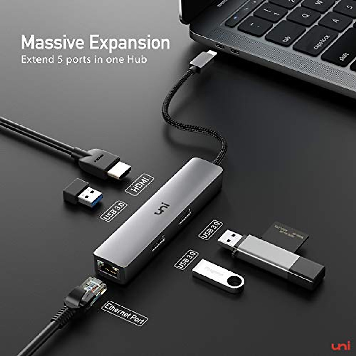 USB C Hub, uni 5-in-1 USB C to Ethernet Adapter Hub with 4K USB C to HDMI, 1Gbps Gigabit Ethernet Port, 3 USB 3.0 Ports (Aluminum Shell, Nylon Braided Cord) for MacBook Pro, iPad Pro, XPS and More