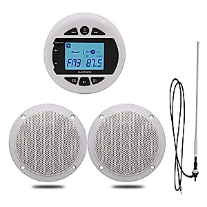 Herdio Marine Radio and Speakers Kit, Marine Gauge Head Unit Compatible with Bluetooth +4 Inch Marine Ceiling Flush Wall Mount Speakers+Rubber Flexible Mast FM AM Antenna(White)
