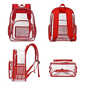 Kouxunt Clear Backpack Men Women Heavy Duty PVC Plastic Transparent School Backpack See Through Bookbags for Teen Girls Boys (Red)