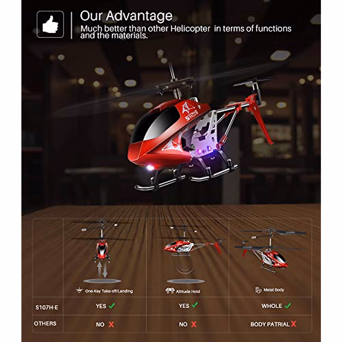 Remote Control Helicopter, S107H-E Aircraft with Altitude Hold, One Key take Off/Landing, 3.5 Channel, Gyro Stabilizer and High &Low Speed, LED Light for Indoor to Fly for Kids and Beginners(Red)