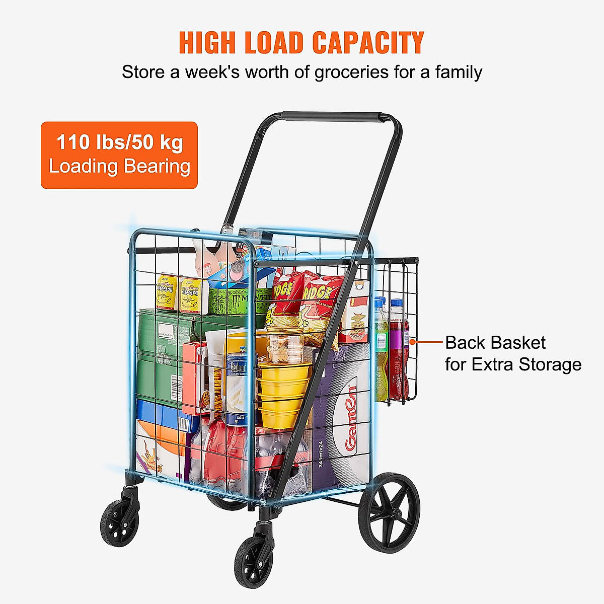 VEVOR Folding Shopping Cart, Jumbo Grocery Cart with Double Baskets, 360° Swivel Wheels, Heavy Duty Utility Cart, 110 LBS Large Capacity Utility Cart for Laundry, Shopping, Grocery, Luggage