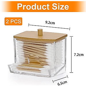 AIMIXUN 2 Pcs Cotton Swab Holder, Cotton Swab Dispenser with Bamboo Lids, Qtips Holder Bathroom Set Bathroom Canisters Bamboo Bathroom Storage Jars Storage Containers Clear Plastic