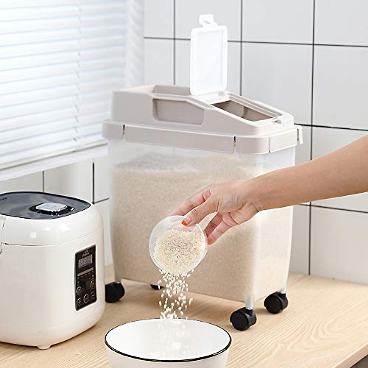 Zaop 20Lbs Airtight Rice Container with Detachable Wheels Dry Food Cereal Beans Storage Container,Sealed 12Lbs Cat Dog Pet Food Bin Tank,Coffee,16JEJDZE30C52TEXT