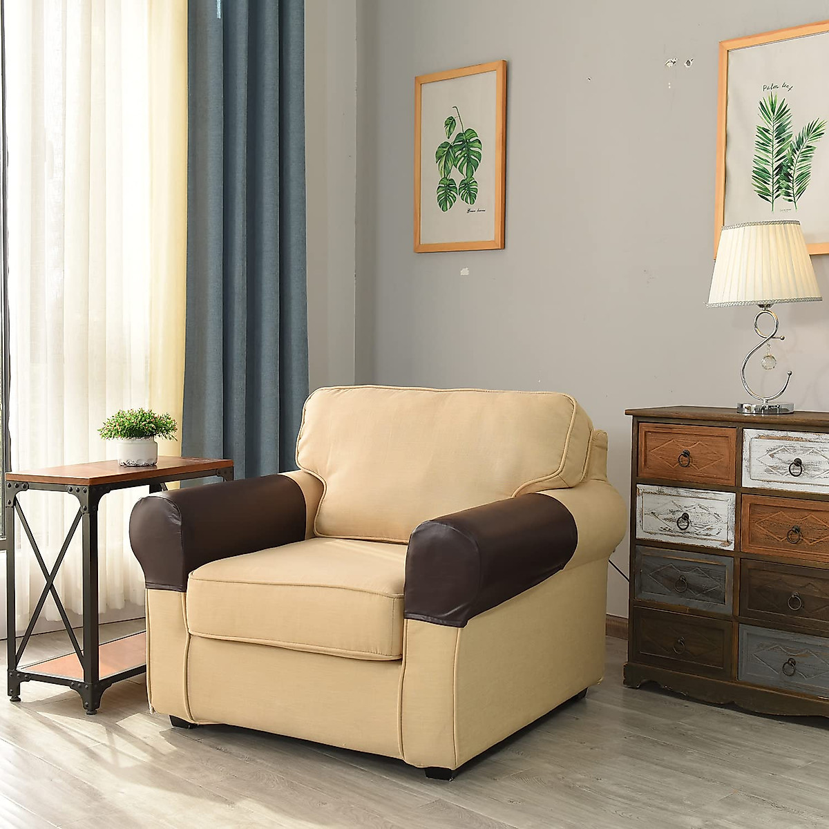 1 Pair Sofa Arm Cover, PU Leather Stretch Armrest Cover Anti-Slip Furniture Protector Slipcovers for Armchairs Sofa Couches Recliner-Taupe