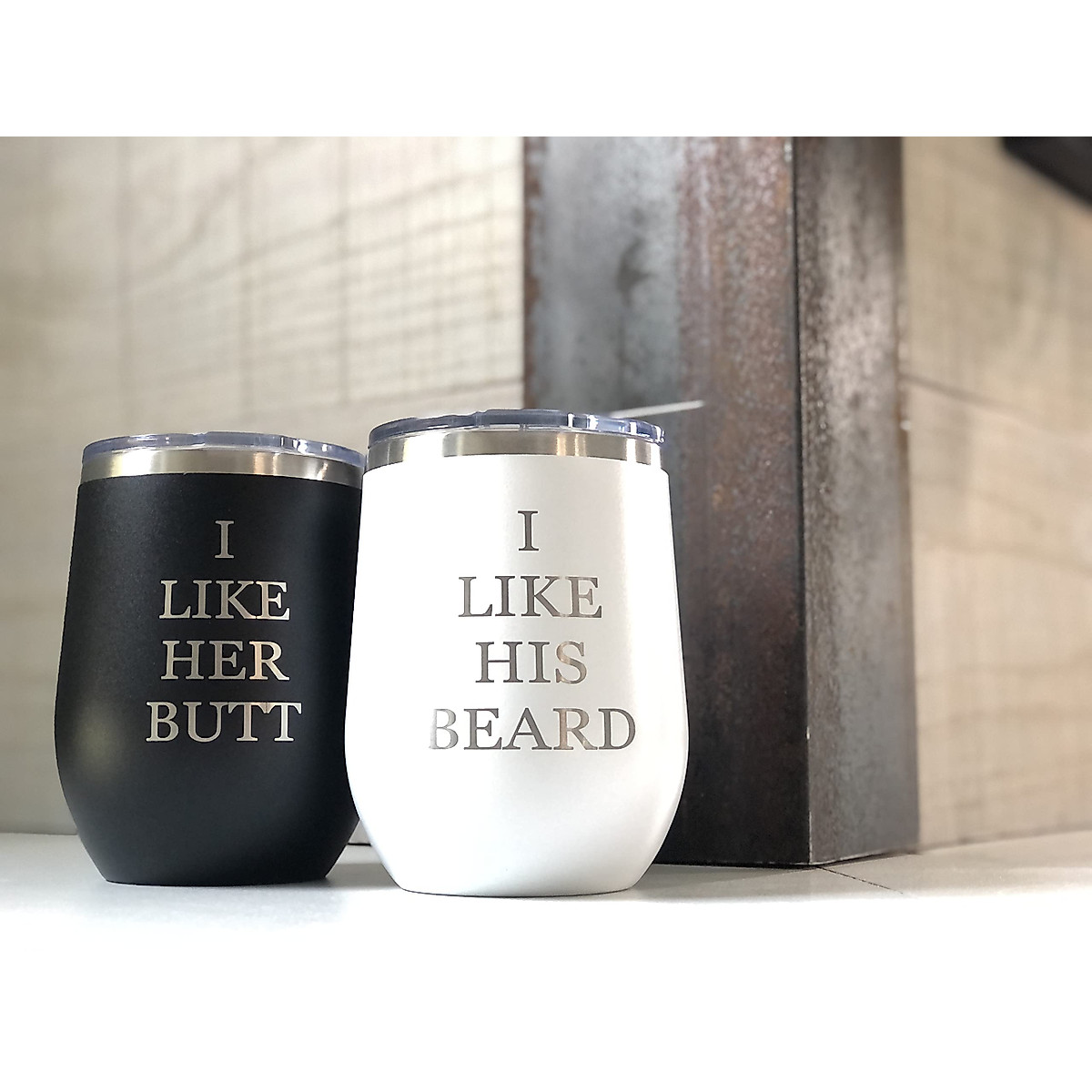 I Like His Beard, I Like Her Butt Wine Tumbler Set Wedding Engagement Gifts for Husband, Wife, Bride, Groom, His and Her Anniversary, 12 Oz Stainless Steel Wine Tumbler with Lid, Black and White