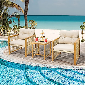 Tangkula 3 Pieces Acacia Wood Patio Furniture Set, PE Wicker Bistro Set with Cushioned Chairs and Coffee Table, Outdoor Conversation Set for Porch, Deck, Balcony, Backyard (Beige)