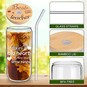 Gerrii 2 Pieces Teacher Gifts For Women Teacher Appreciation Gift Teacher Glass Cup 16 oz Drinking Glass Iced Coffee Glass Cup with Bamboo Lid and Straw