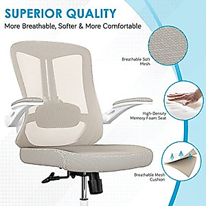 balmstar Ergonomic Chairs For Home Office Desk , Breathable Mid-Back Comfortable Mesh Computer Chair with PU Silent Wheels, Flip-up Armrests, Tilt Function, Lumbar Support (Khaki)