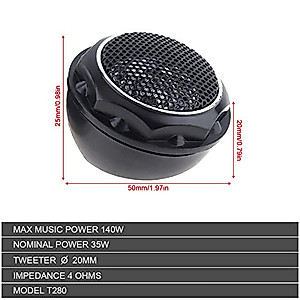 ePathChina 2pcs 140W T280 High Efficiency Mini Dome Tweeter Speakers for Car Audio System