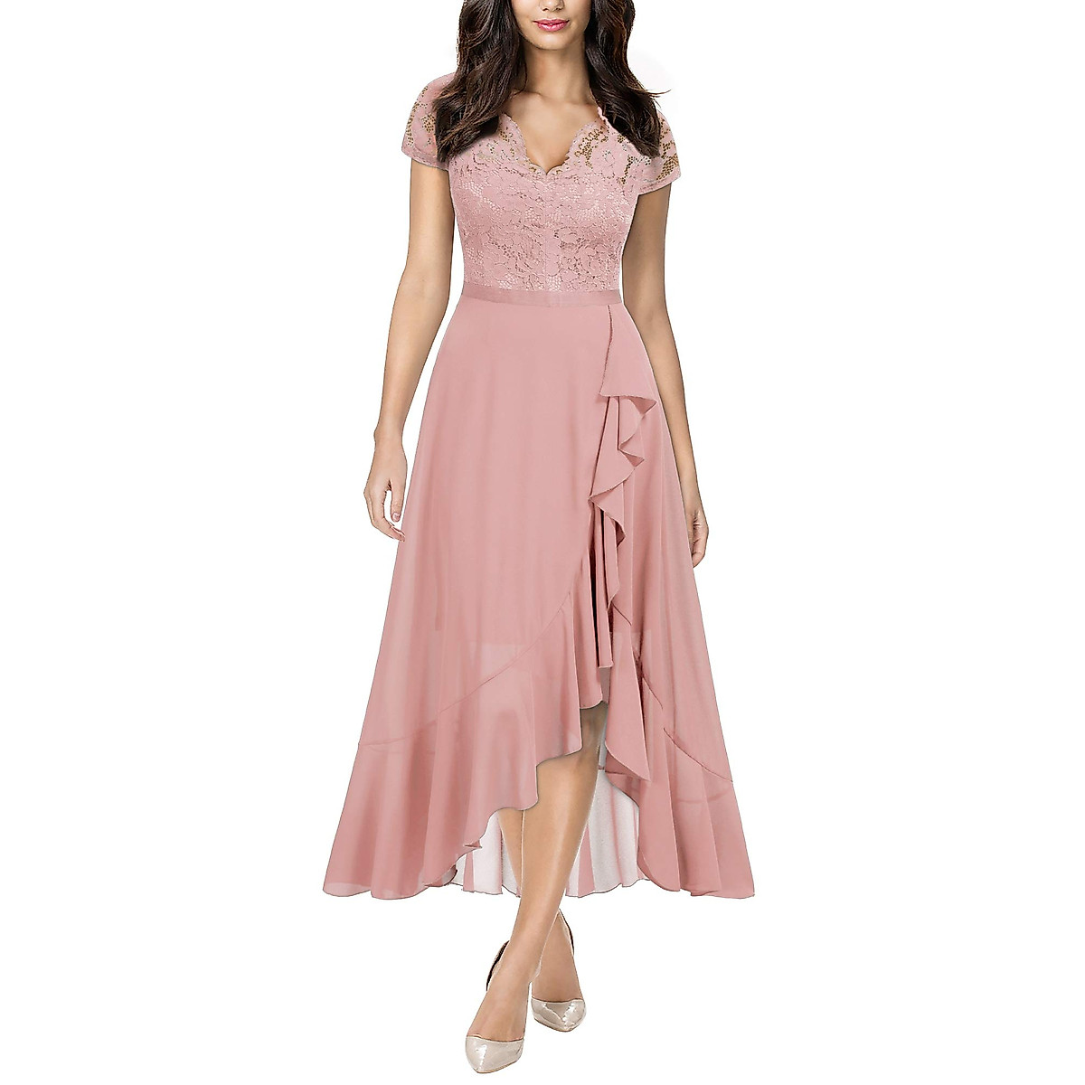 Miusol Women's V Neck Elegant Lace Ruffle Bridesmaid Maxi Dress (Large, Pink)