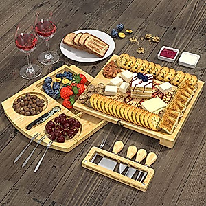 Cheese Board Charcuterie Board Set - Swiveling Wine Meat Cheese Platter Bamboo Cheese Server with Knives, Forks, Wine Opener, Ceramic Bowls for Gathering Party - Warming Gift for Women Friend