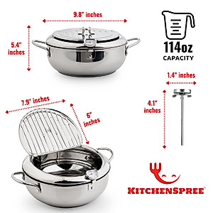 Deep Fryer Pot (°F),Stylish Tempura Fryer,Small Japanese Style 3.4L Stainless Steel Deep Frying Pot With Lid & Oil Drip Drainer Rack and Detachable Fahrenheit Temperature Control,Size: 9.8 Inches