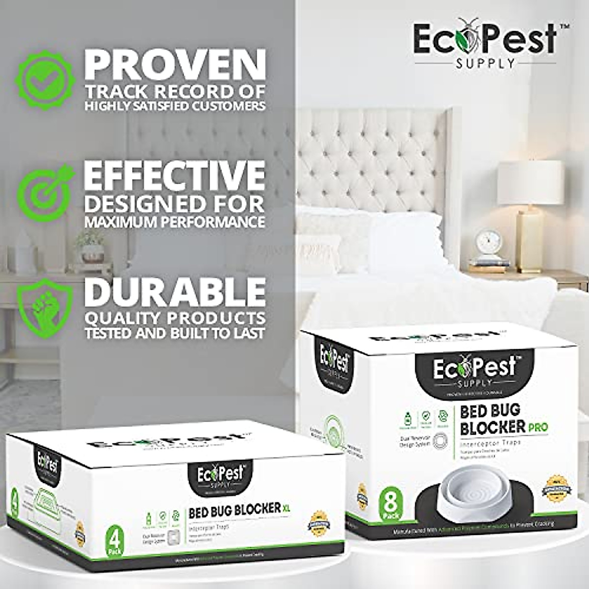 Bed Bug Interceptors – 4 Pack | Bed Bug Blocker (XL) Interceptor Traps (White) | Extra Large Insect Trap, Monitor, and Detector for Bed Legs